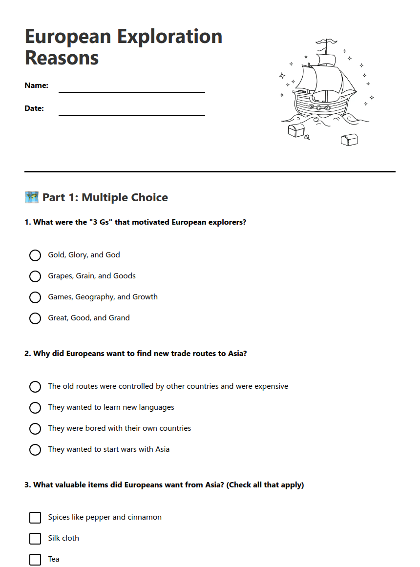 European Exploration Reasons — Free Printable Worksheet for History ...