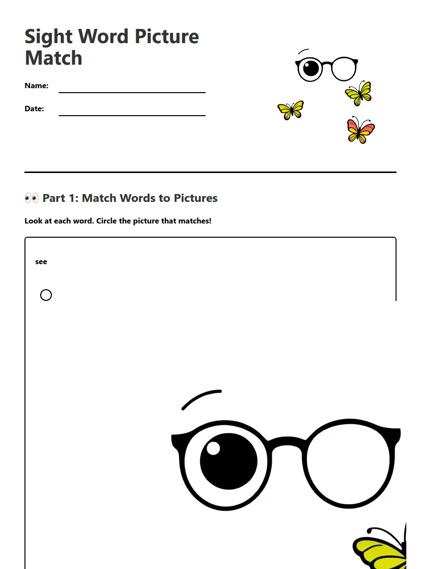 Sight Word Picture Match — Free Printable Worksheet for English (ELA ...