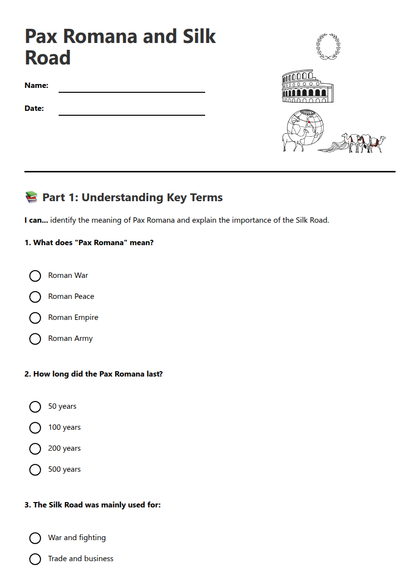Pax Romana and Silk Road — Free Printable Worksheet for History | Kuraplan