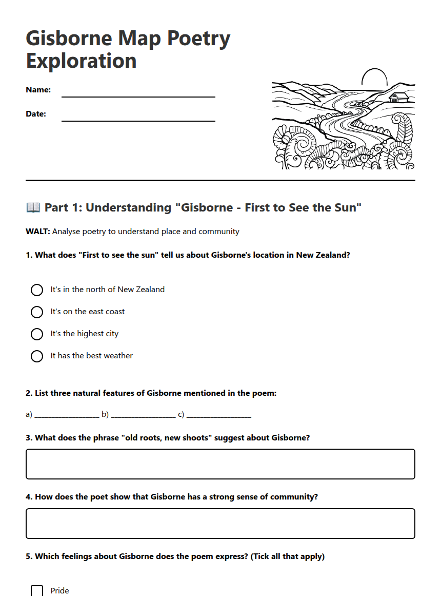Gisborne Map Poetry Exploration — Free Printable Worksheet for English ...