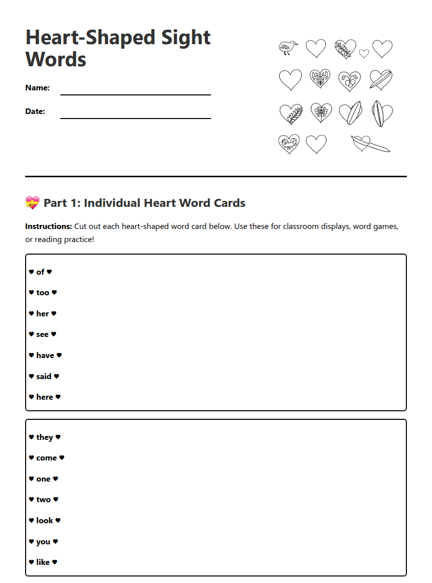 Heart-Shaped Sight Words — Free Printable Worksheet for English | Kuraplan