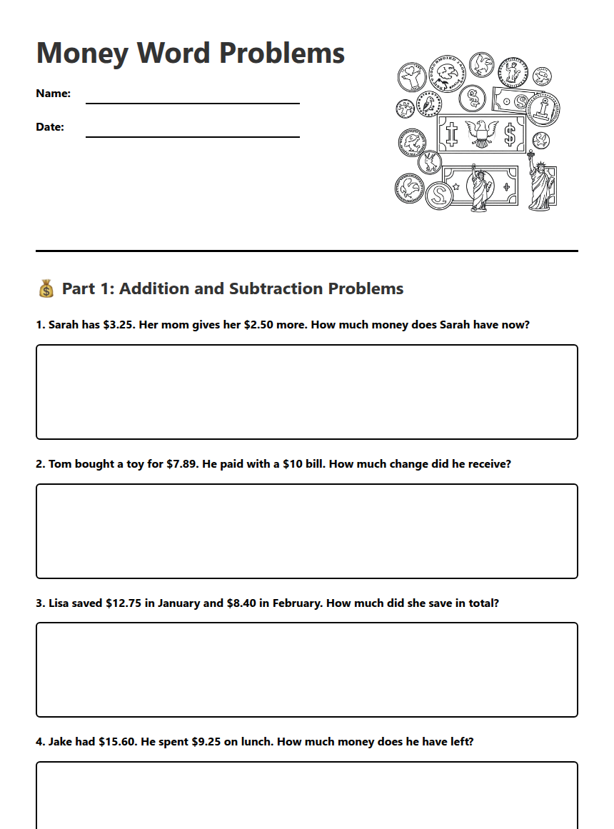 Money Word Problems — Free Printable Worksheet for Mathematics | Kuraplan