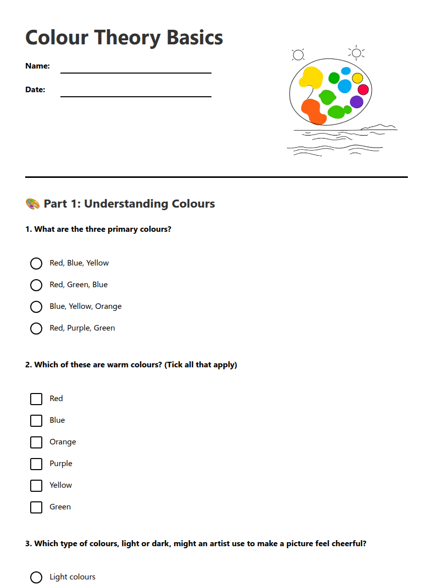 Color Theory Vocabulary Worksheet