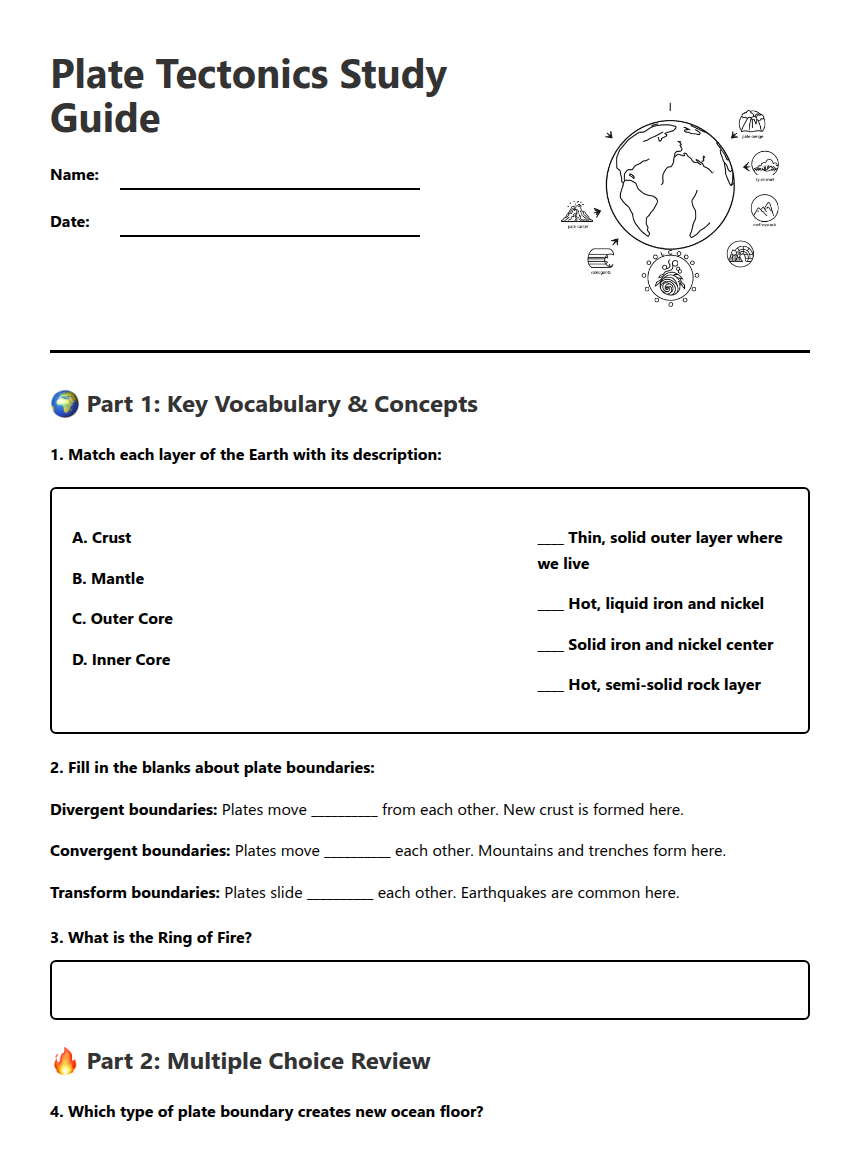 Plate Tectonics Study Guide — Free Printable Worksheet for Science ...