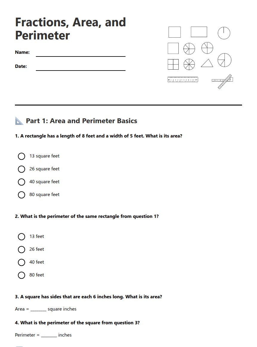 Fractions, Area, and Perimeter — Free Printable Worksheet for ...
