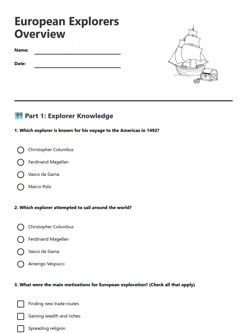 European Explorers Overview — Free Printable Worksheet for Social ...