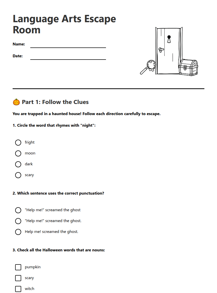 Language Arts Escape Room — Free Printable Worksheet for English (ELA ...