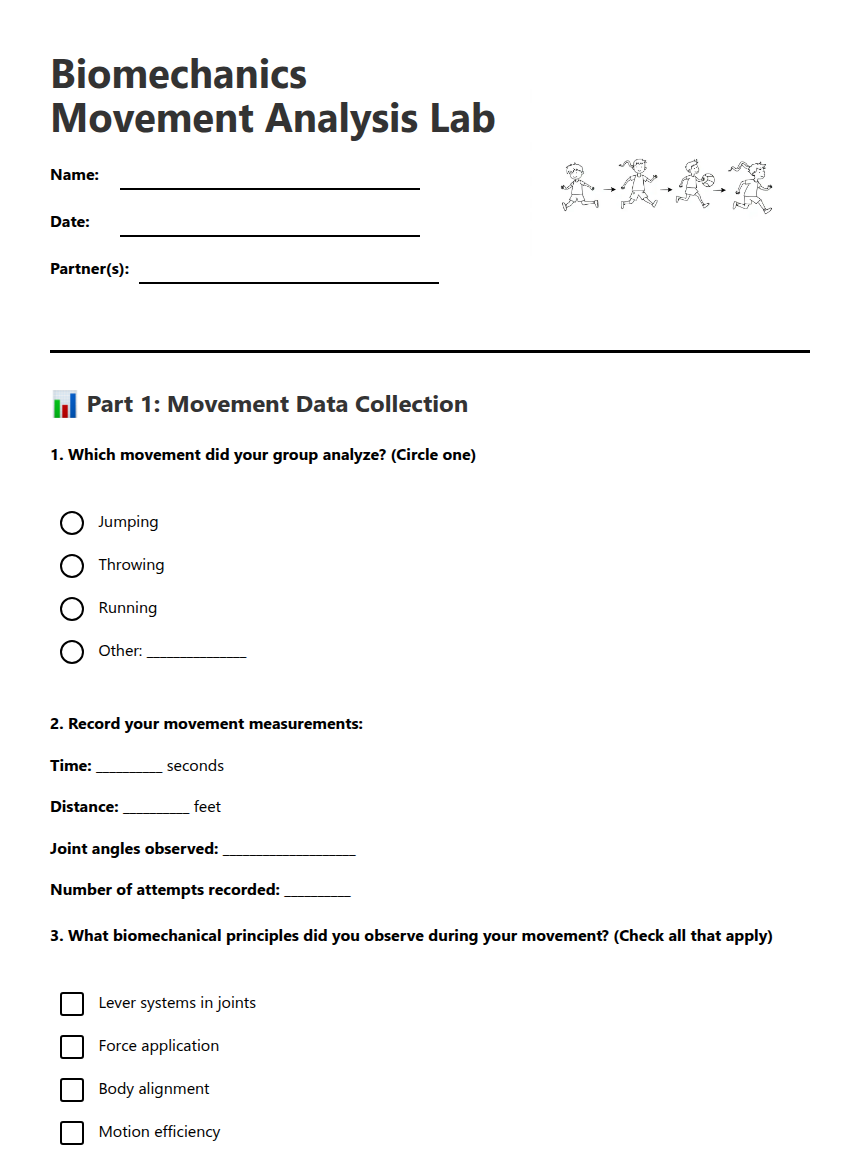 Biomechanics Movement Analysis Lab — Free Printable Worksheet for ...