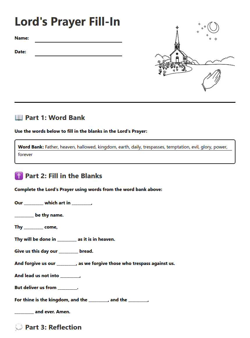 Lord's Prayer Fill-In — Free Printable Worksheet for English (ELA ...