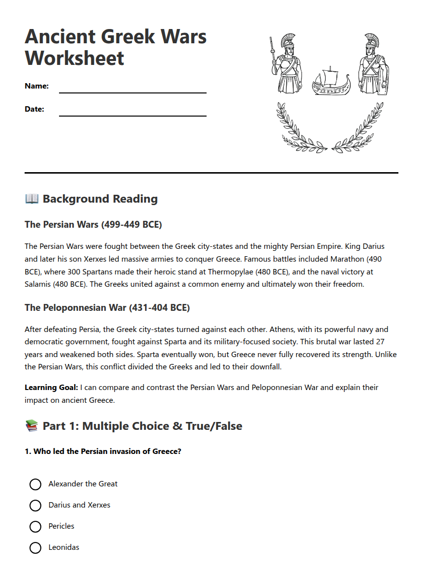 Ancient Greek Wars Worksheet — Free Printable Worksheet for Social ...