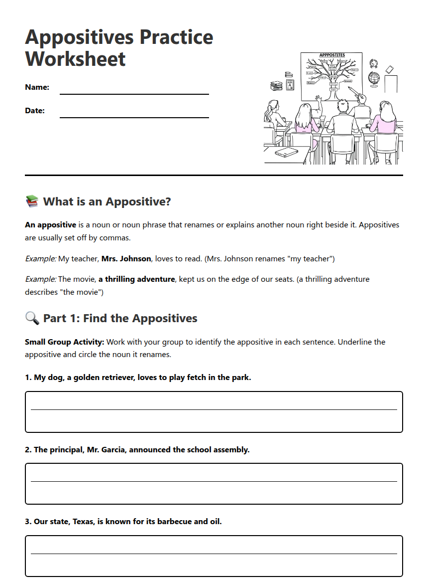 Appositives Practice Worksheet — Free Printable Worksheet for English ...