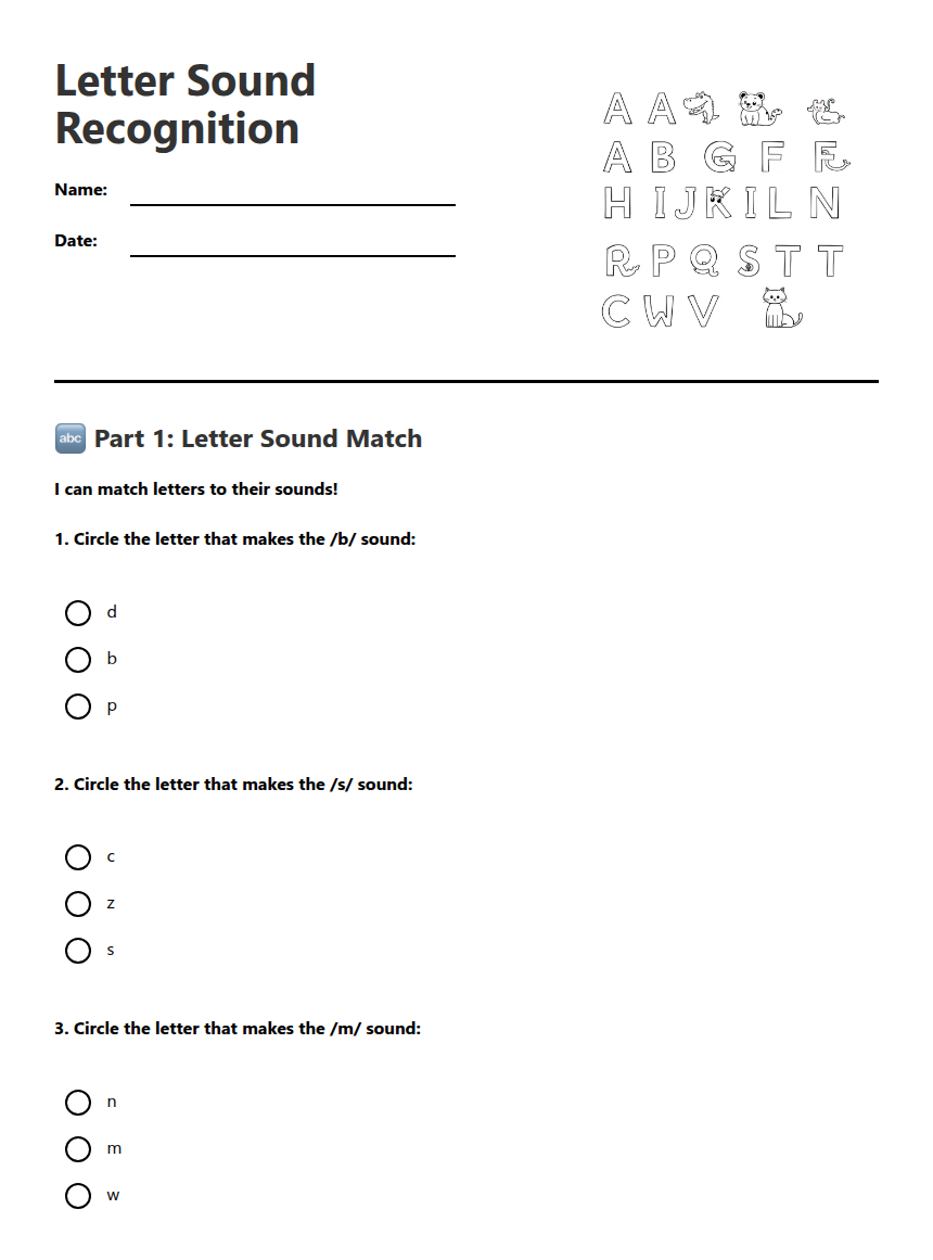 Letter Sound Recognition — Free Printable Worksheet for English (ELA ...