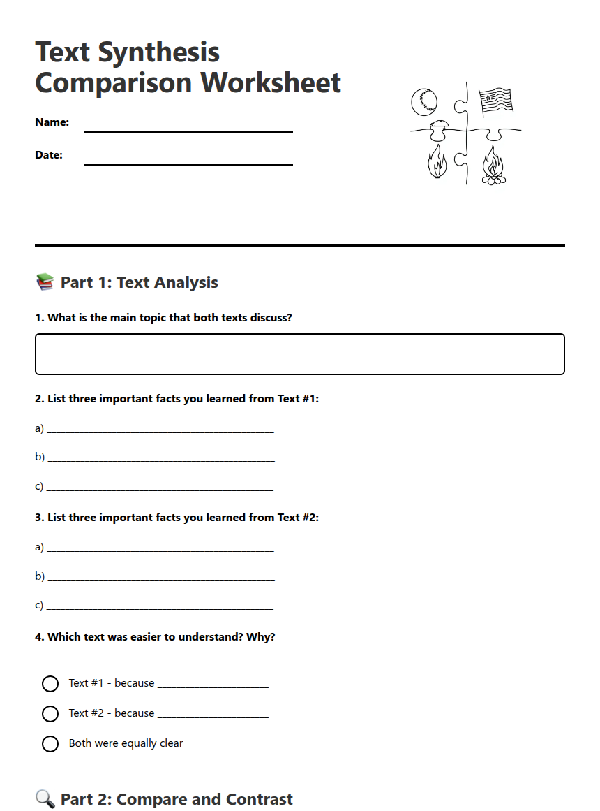 Text Synthesis Comparison Worksheet — Free Printable Worksheet | Kuraplan