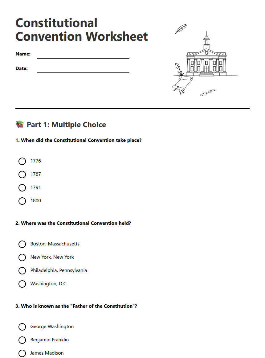 Constitutional Convention Worksheet — Free Printable Worksheet for US ...