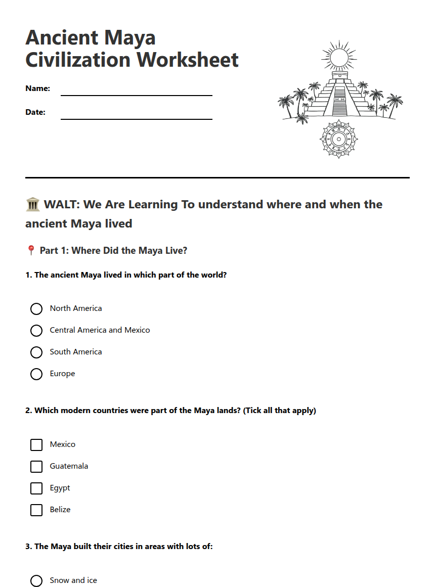Ancient Maya Civilization Worksheet — Free Printable Worksheet for ...