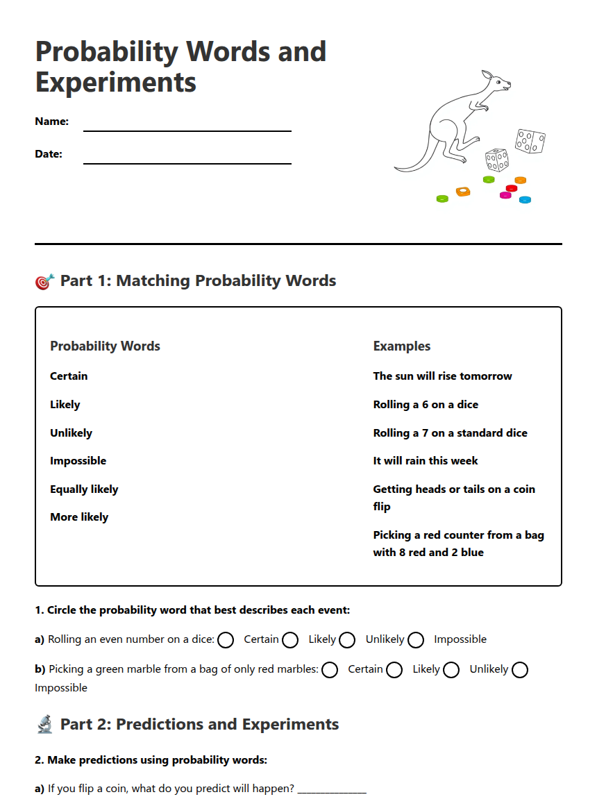 Probability Words and Experiments — Free Printable Worksheet for ...