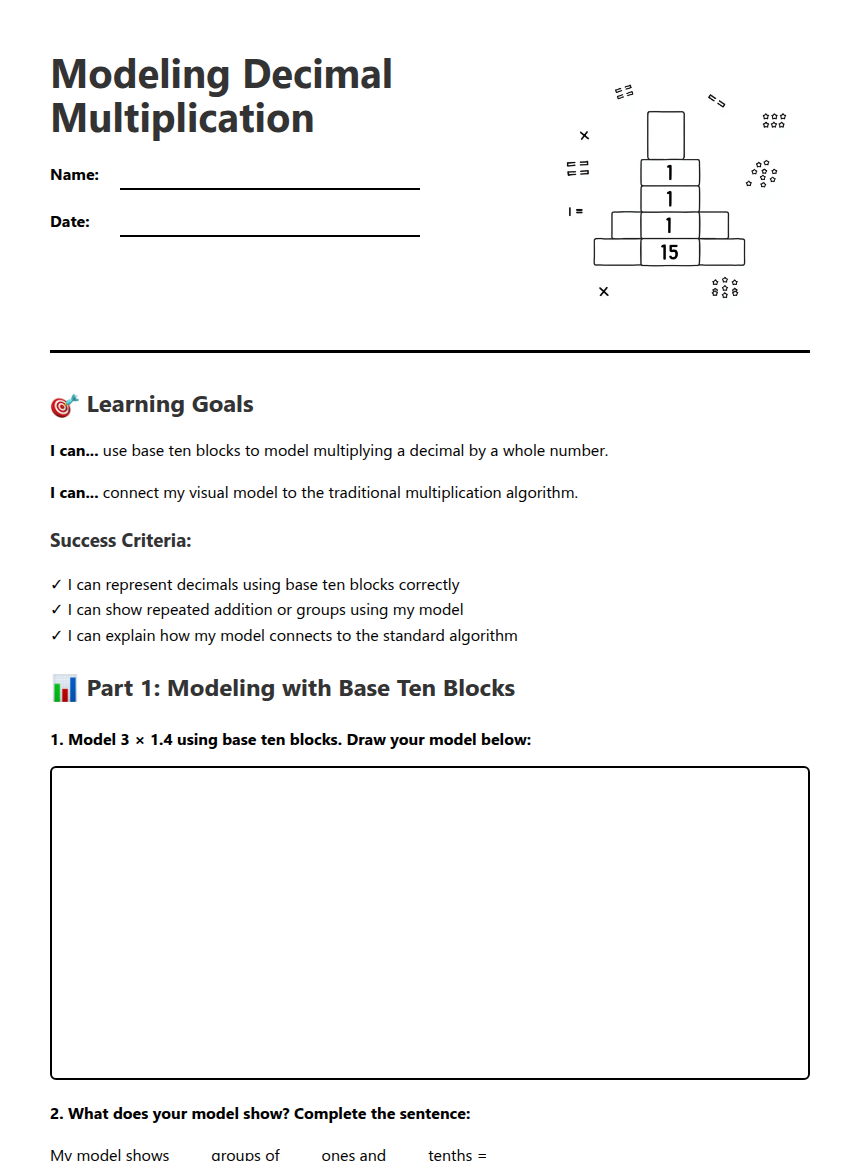 Modeling Decimal Multiplication — Free Printable Worksheet for ...