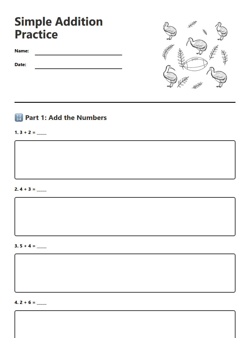 Simple Addition Practice — Free Printable Worksheet for Maths | Kuraplan