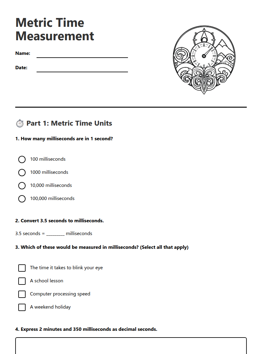 Metric Time Measurement — Free Printable Worksheet for Maths | Kuraplan
