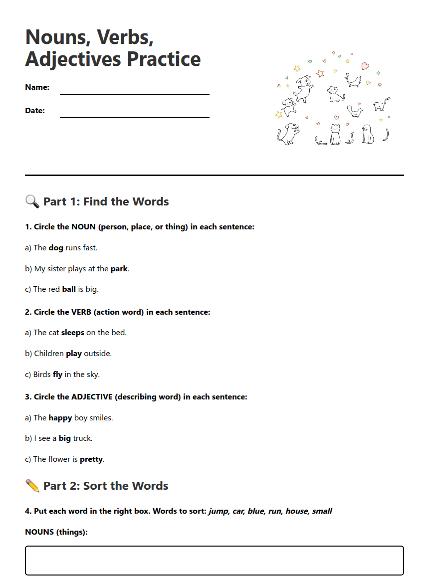 Nouns, Verbs, Adjectives Practice — Free Printable Worksheet for ...