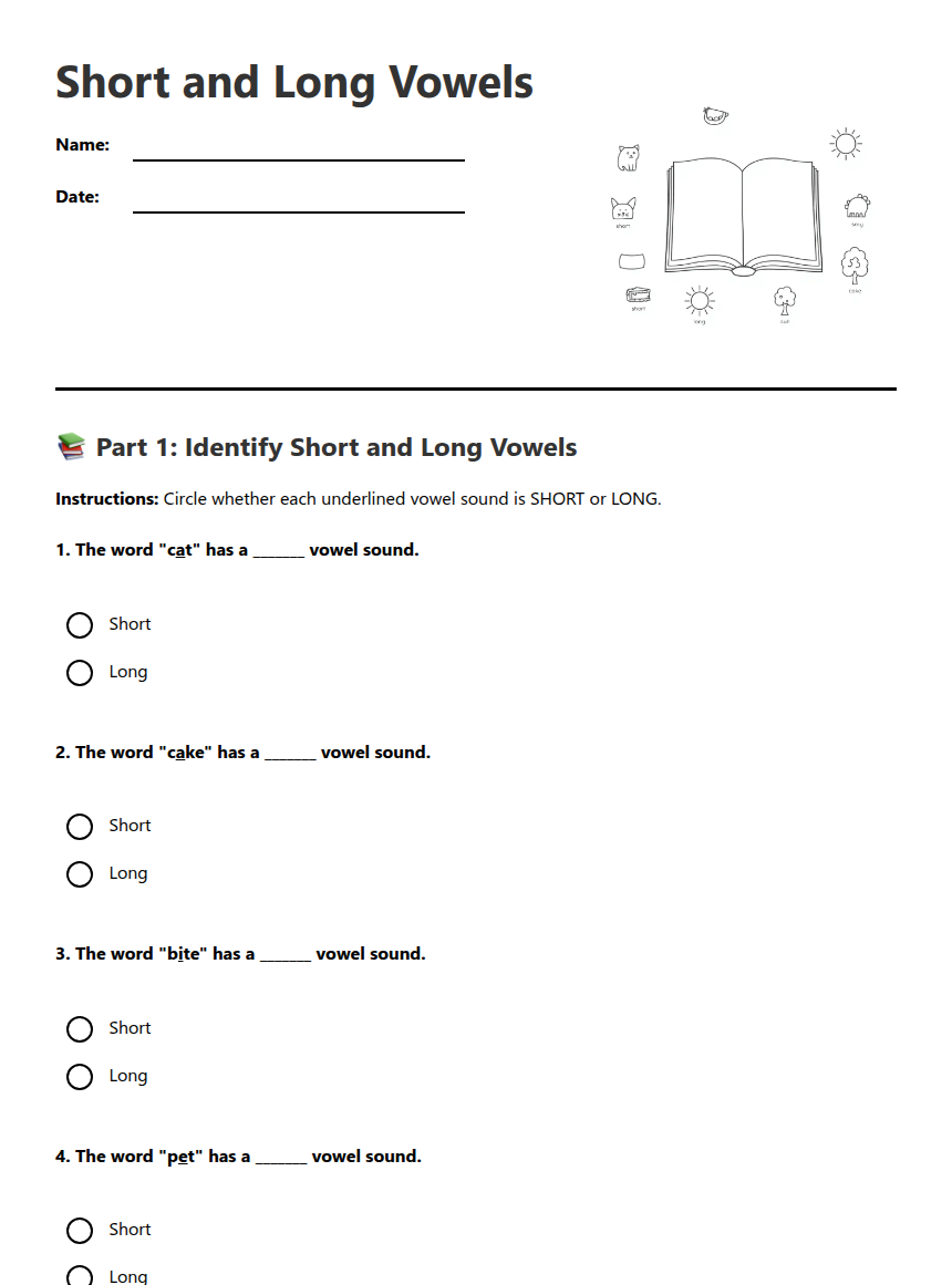Short and Long Vowels — Free Printable Worksheet for English (ELA ...
