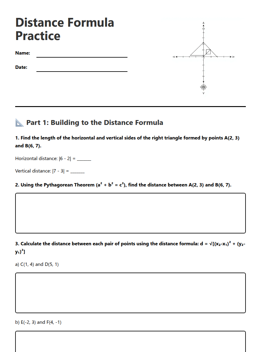 Distance Formula Practice — Free Printable Worksheet for Mathematics ...