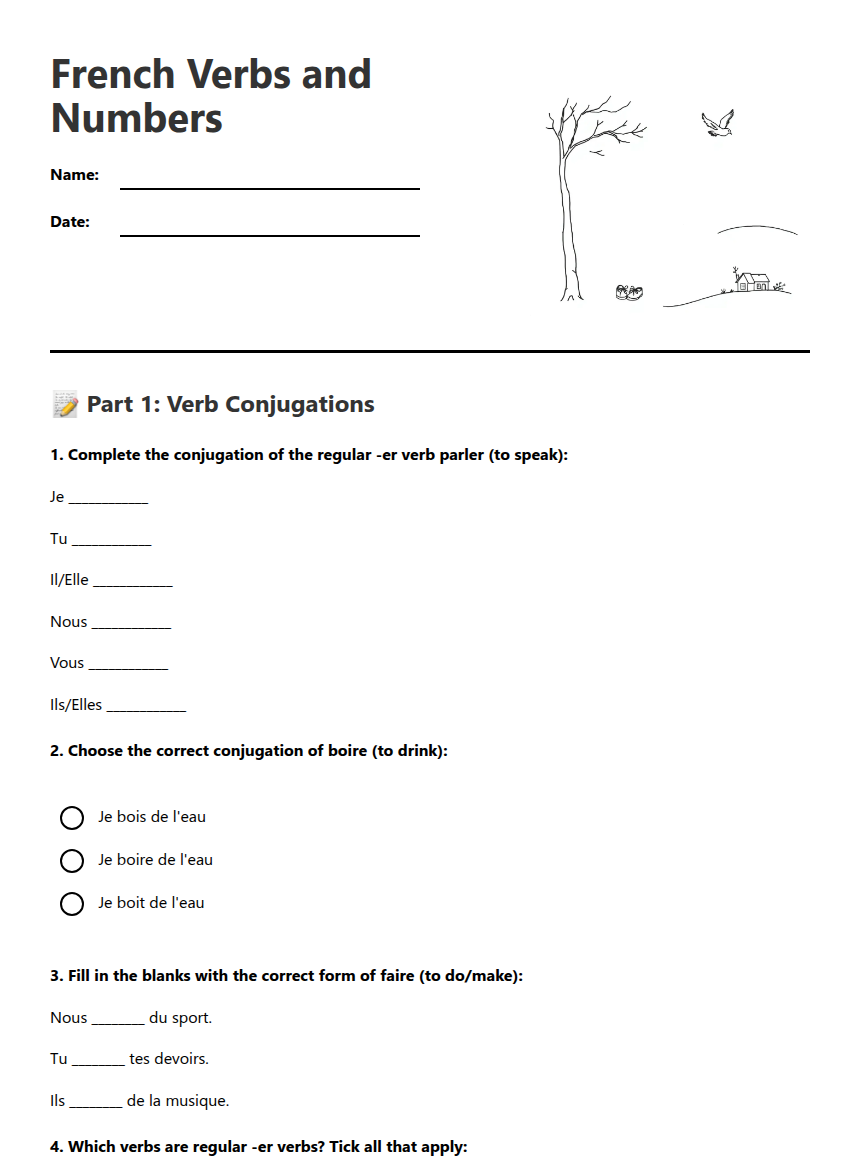 French Verbs and Numbers — Free Printable Worksheet for Languages (MFL ...