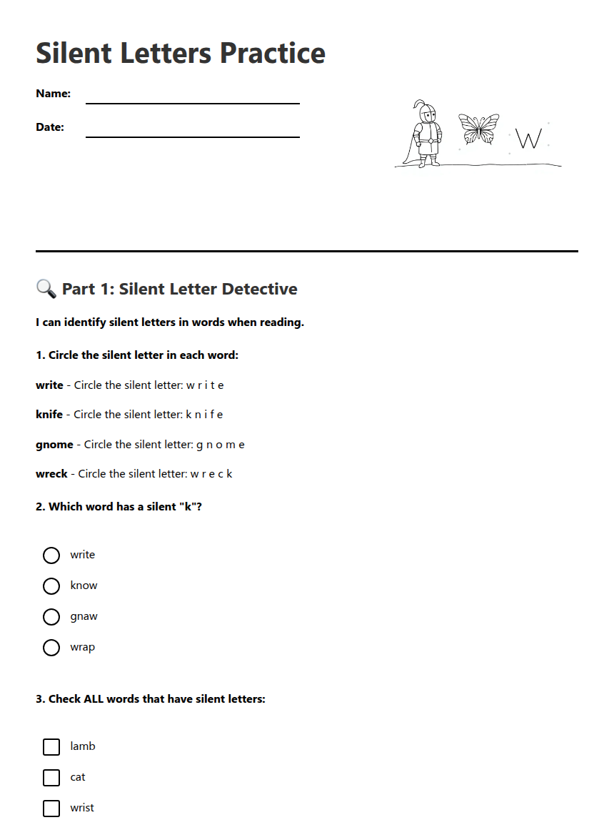 Silent Letters Practice — Free Printable Worksheet for English (ELA ...