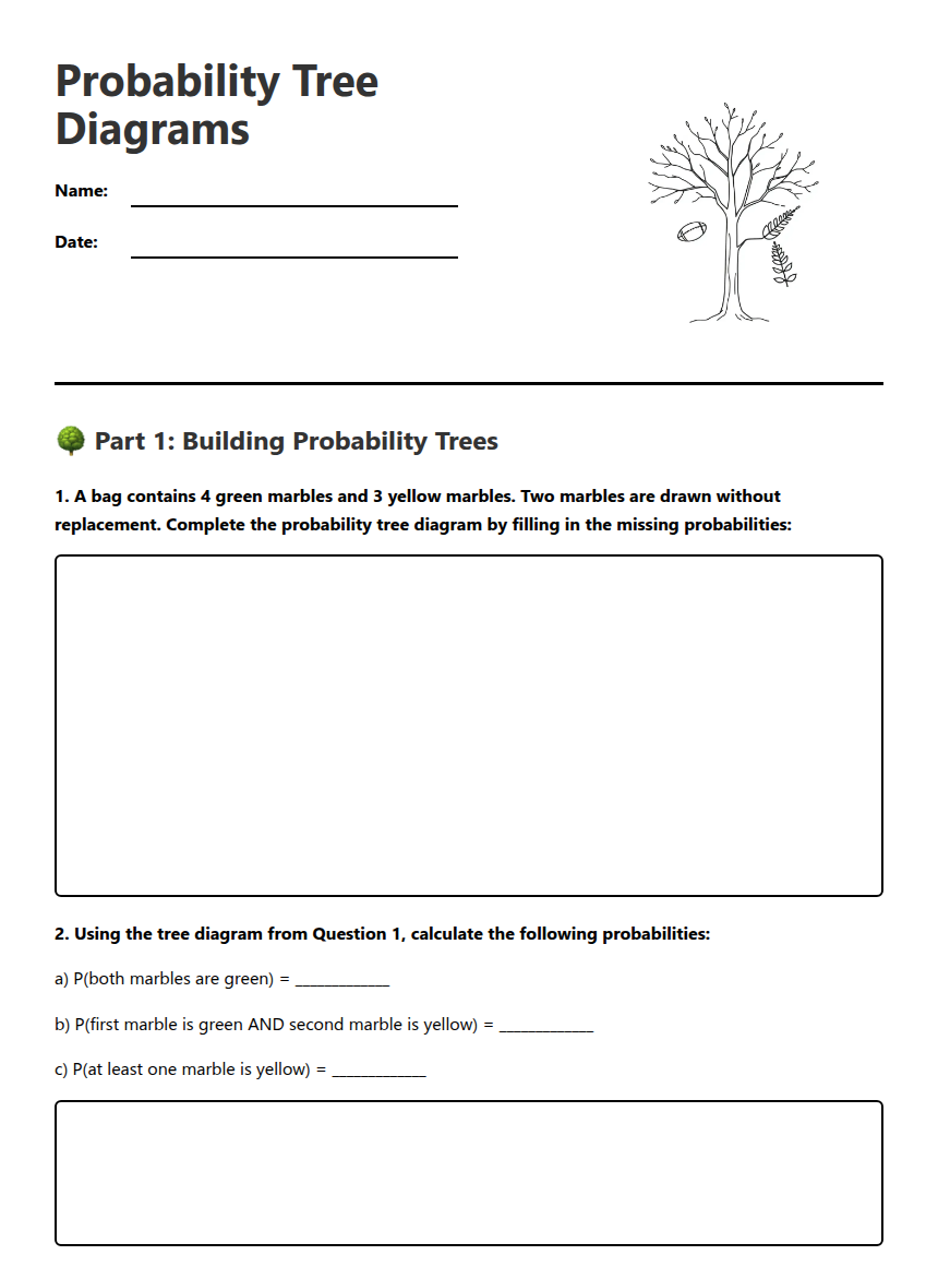 Probability Tree Diagrams — Free Printable Worksheet for Maths | Kuraplan