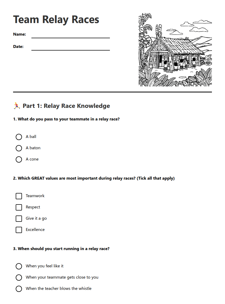 Team Relay Races — Free Printable Worksheet for PE | Kuraplan