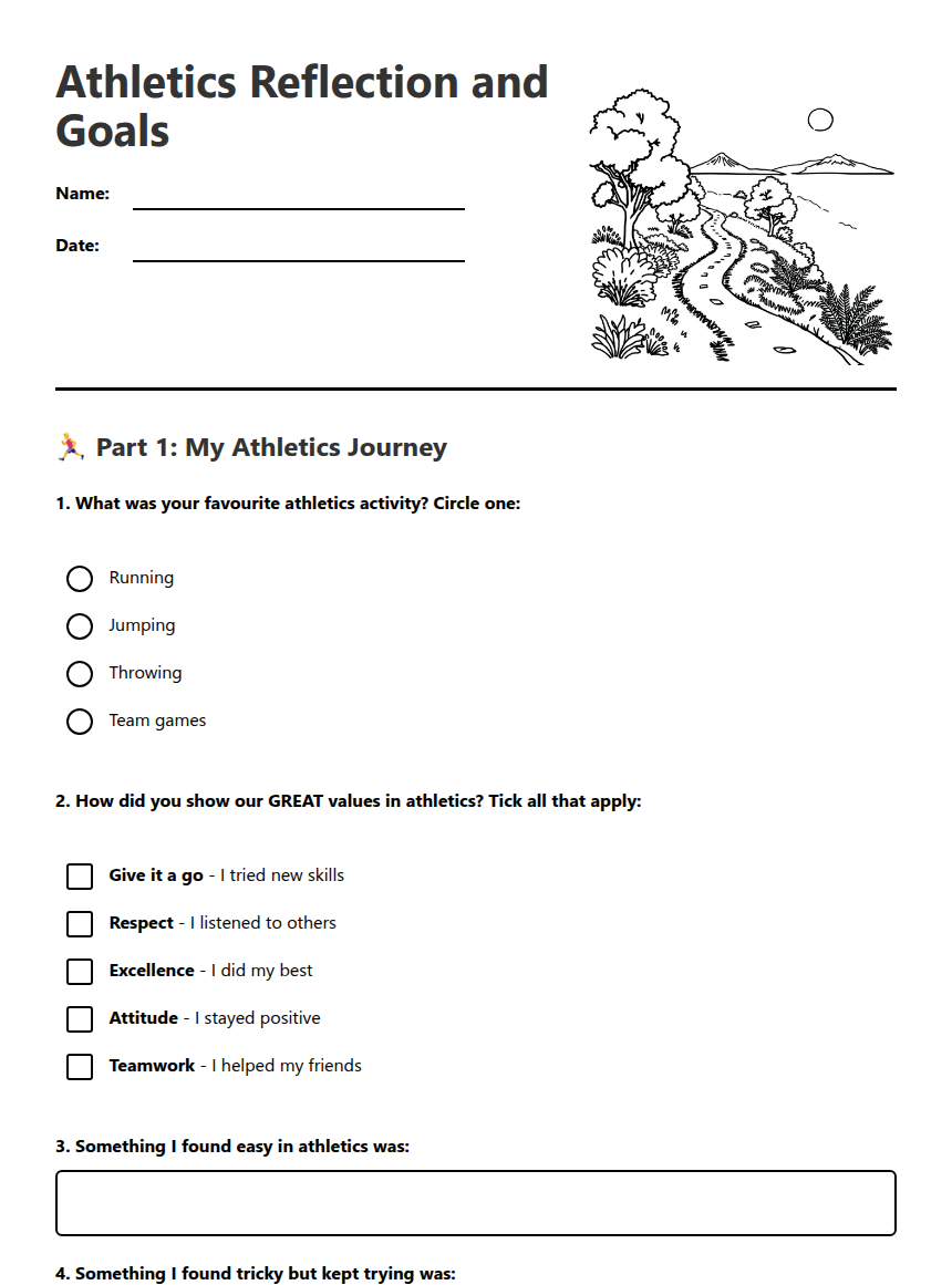 Athletics Reflection and Goals — Free Printable Worksheet for PE | Kuraplan
