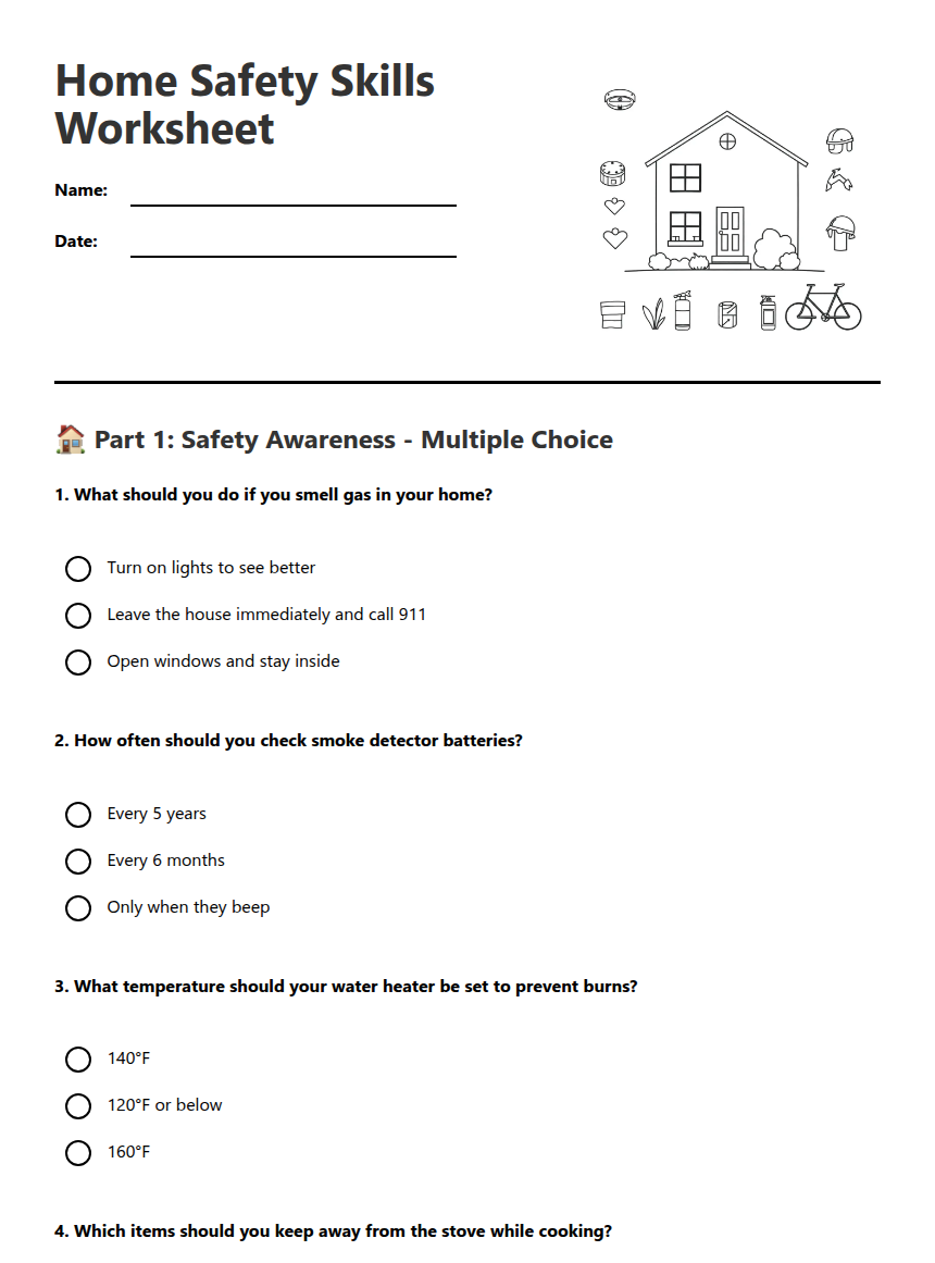 Home Safety Skills Worksheet — Free Printable Worksheet for Health ...