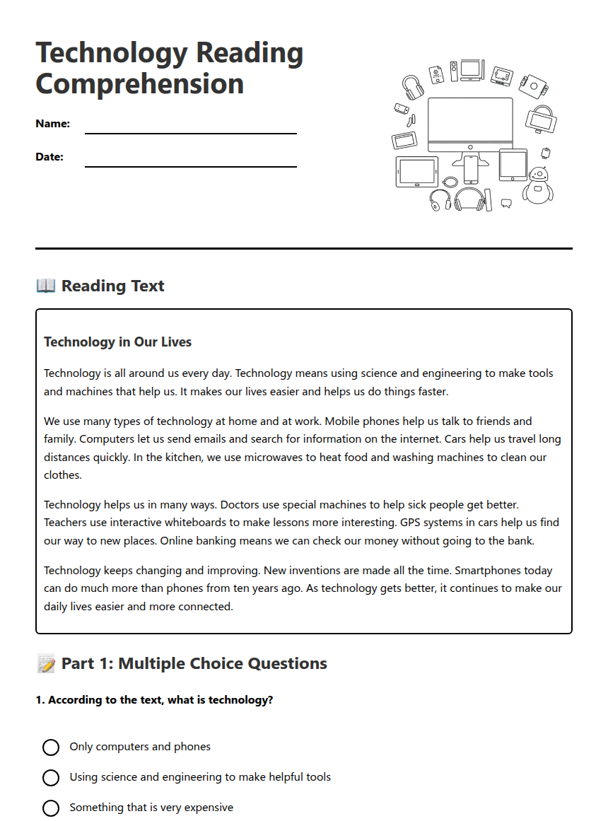 Technology Reading Comprehension — Free Printable Worksheet for English ...