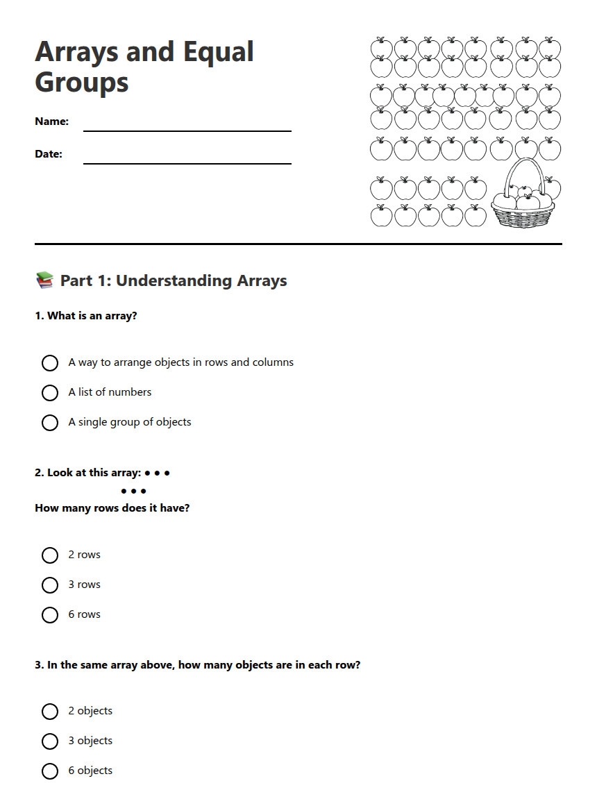 Arrays and Equal Groups — Free Printable Worksheet for Mathematics ...