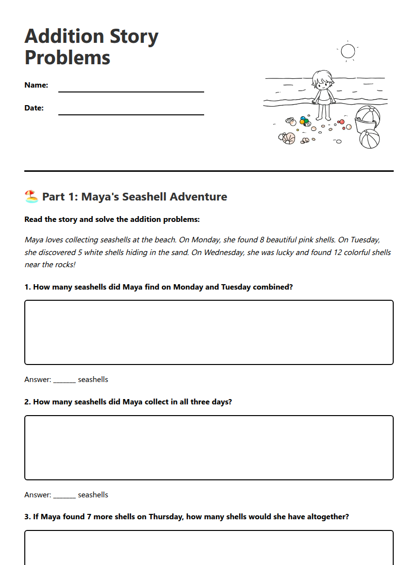 Addition Story Sums Worksheet 359x464