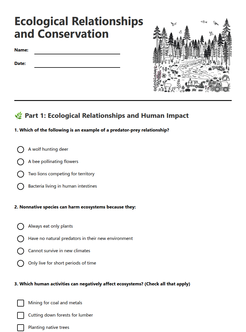 Ecological Relationships and Conservation — Free Printable Worksheet ...