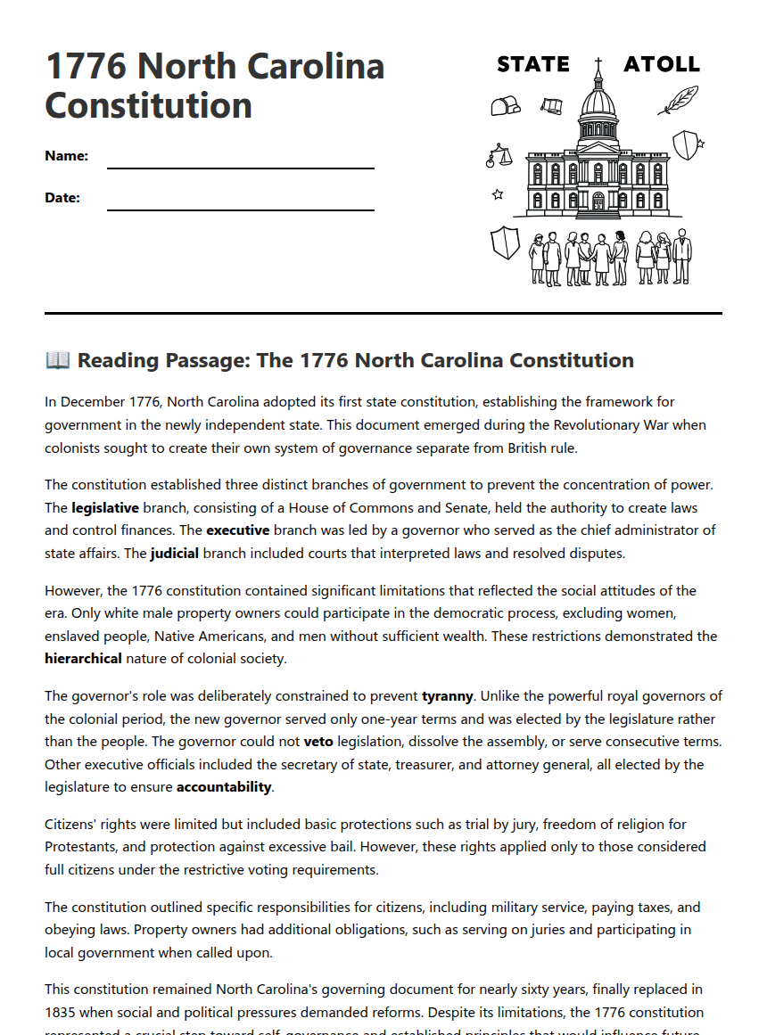 1776 North Carolina Constitution — Free Printable Worksheet for US ...
