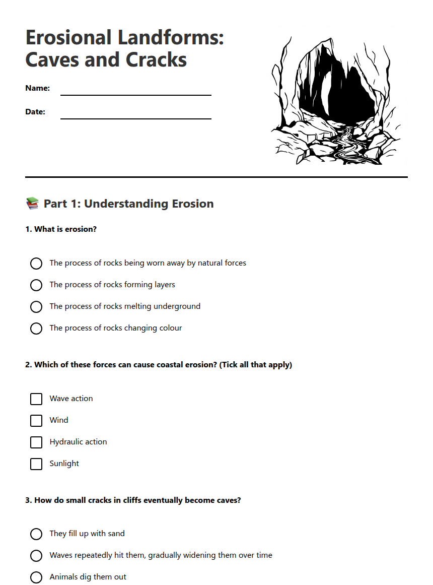 Erosional Landforms: Caves Cracks — Free Printable Worksheet for ...