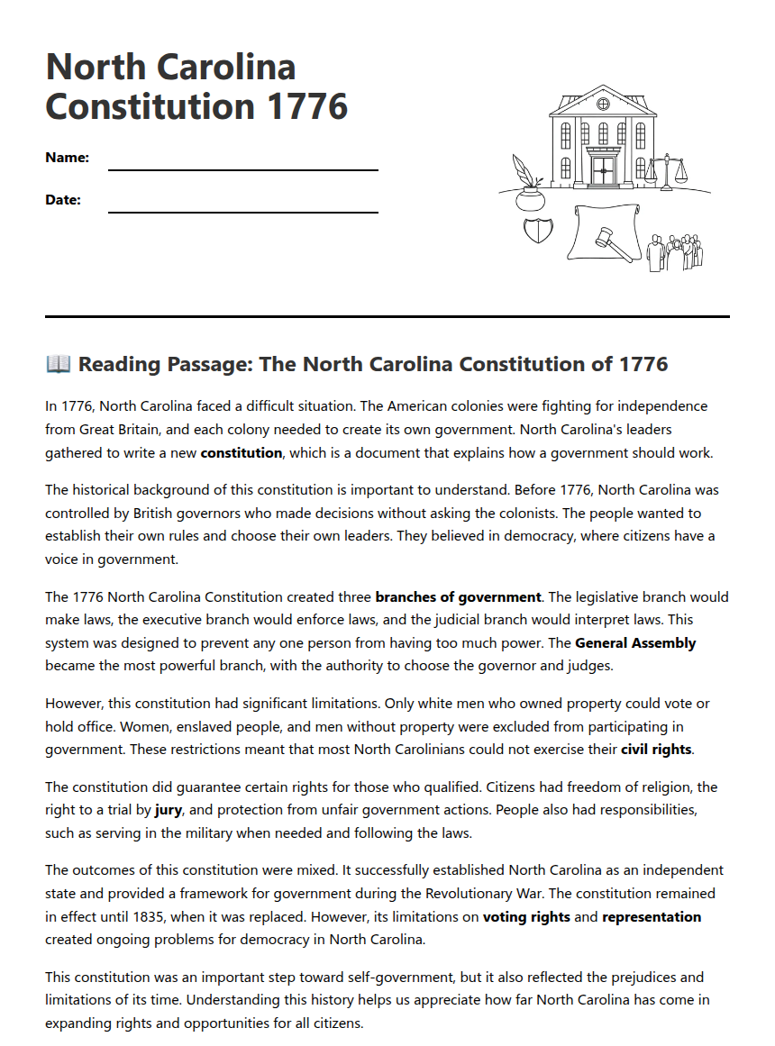 North Carolina Constitution 1776 — Free Printable Worksheet for US ...