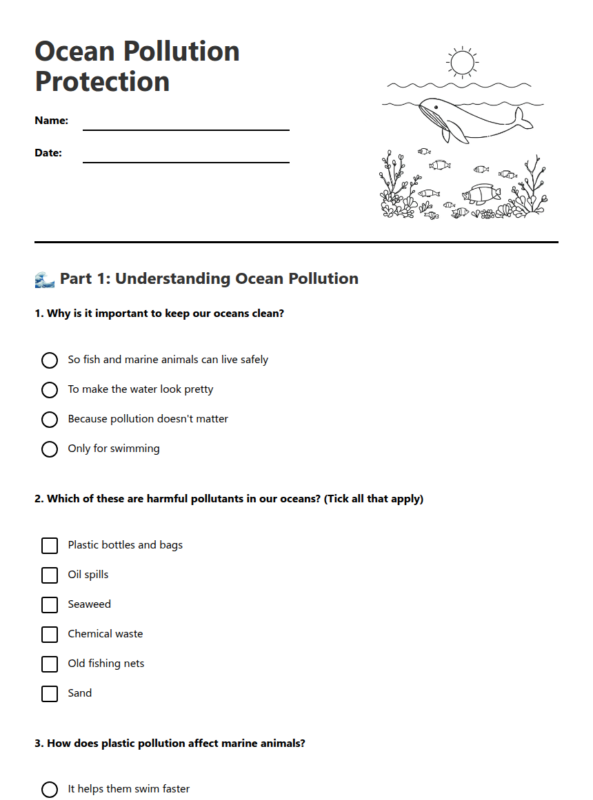 Ocean Pollution Protection — Free Printable Worksheet for Science ...