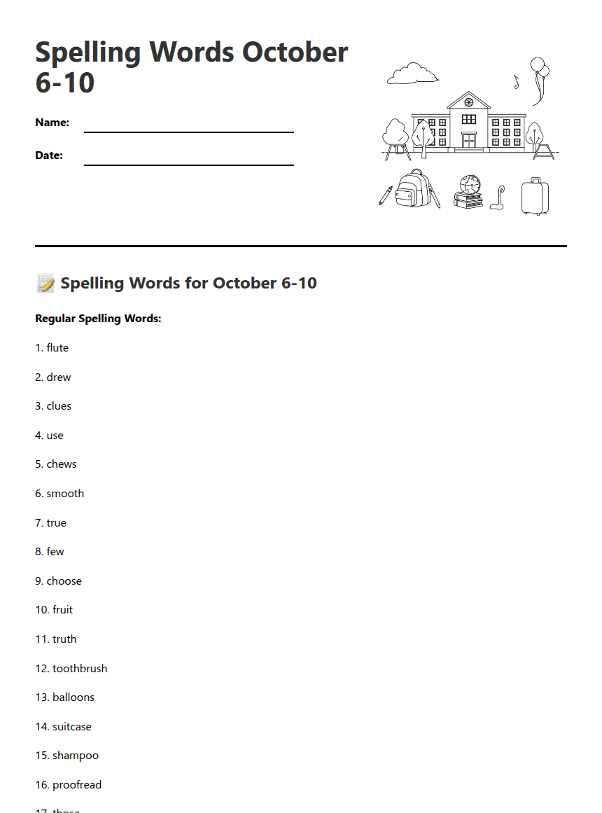 Spelling Words October 6-10 — Free Printable Worksheet for English (ELA ...