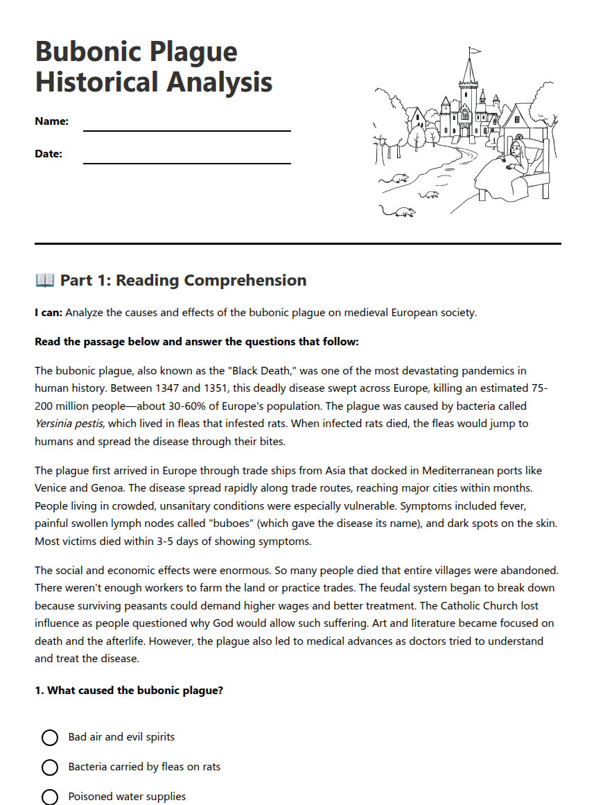 Bubonic Plague Historical Analysis — Free Printable Worksheet for US ...