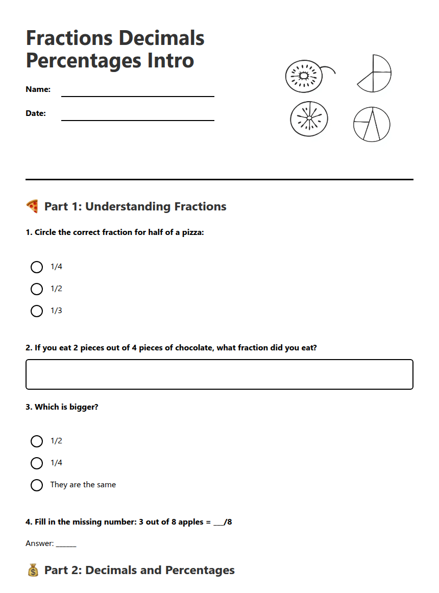Fractions Decimals Percentages Intro — Free Printable Worksheet for ...