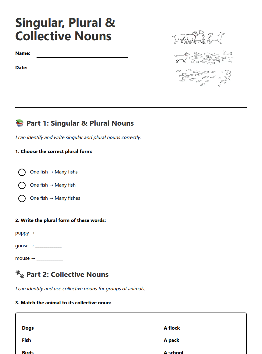 Singular, Plural & Collective — Free Printable Worksheet for English ...
