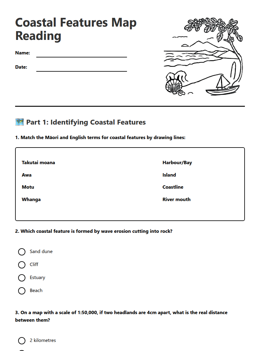 Coastal Features Map Reading — Free Printable Worksheet for Social ...