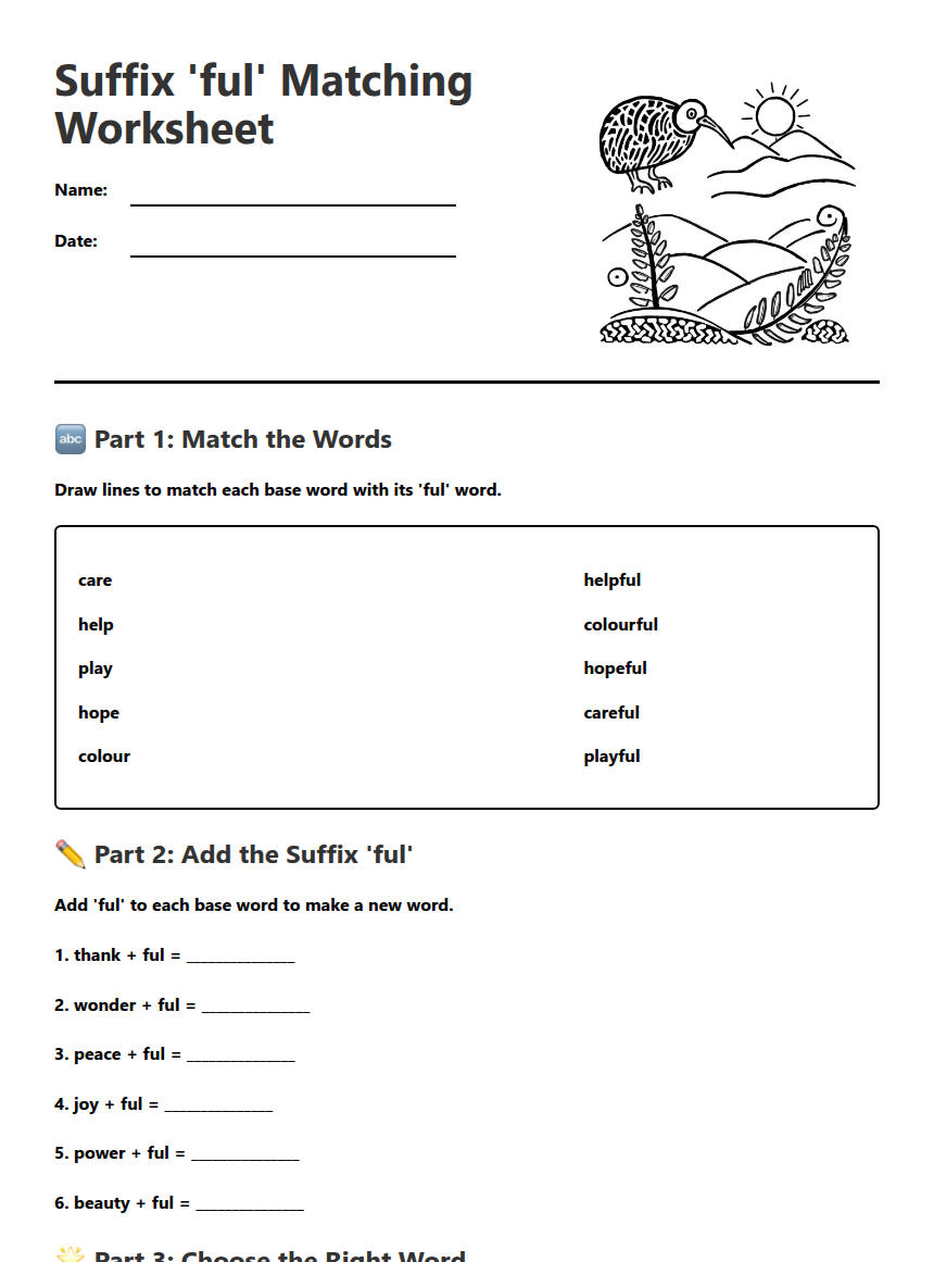 Suffix 'ful' Matching Worksheet — Free Printable Worksheet for English ...