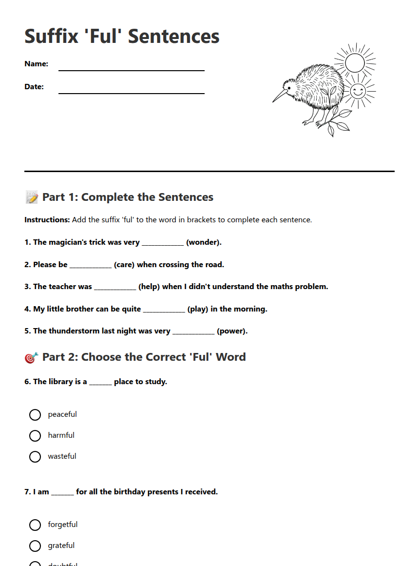 Suffix 'Ful' Sentences — Free Printable Worksheet for English | Kuraplan
