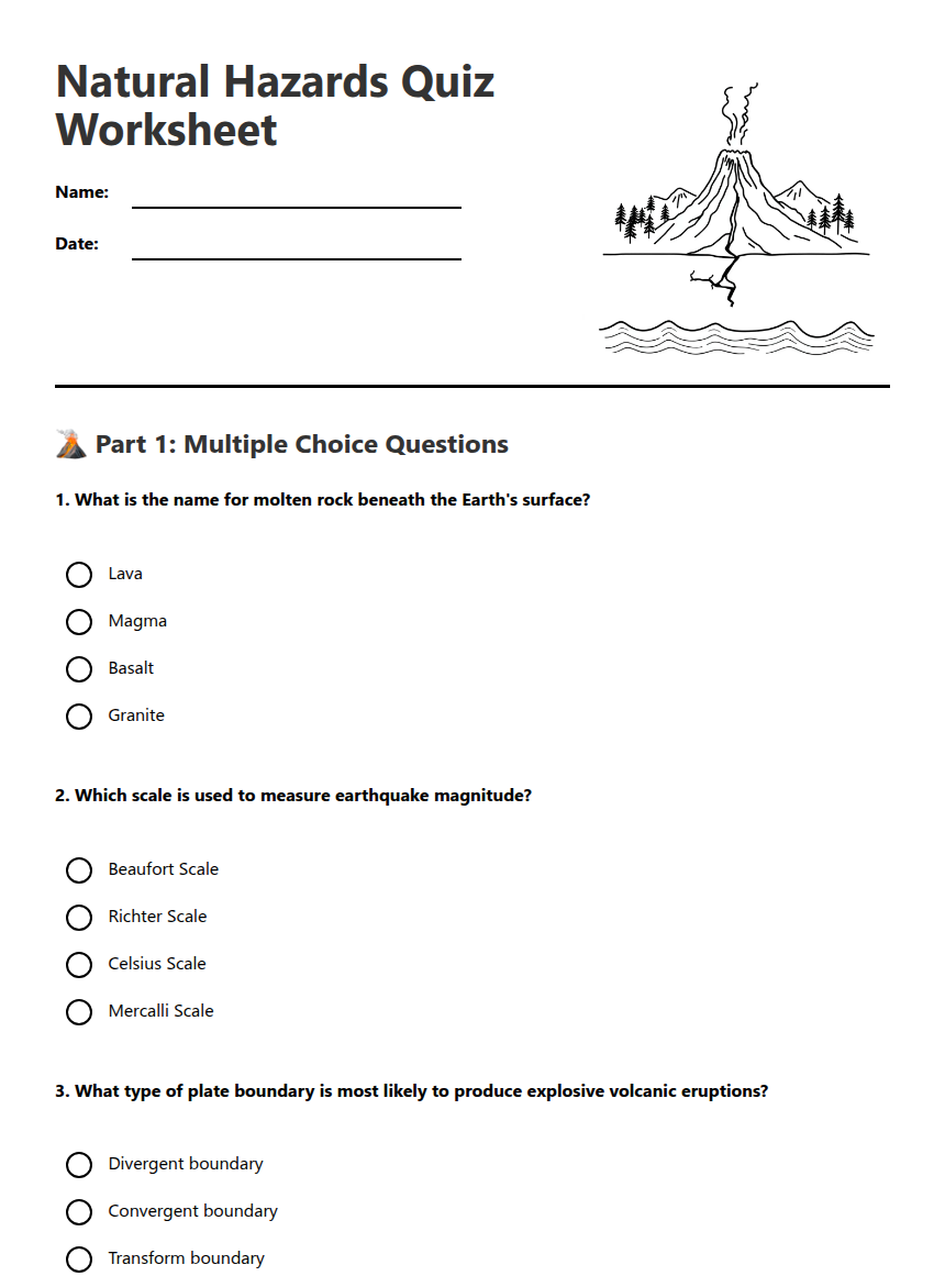 Natural Hazards Quiz Worksheet — Free Printable Worksheet for Science ...