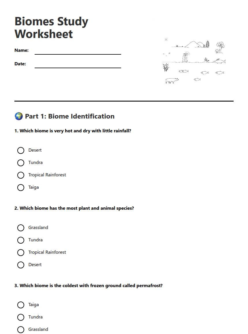Biomes Study Worksheet — Free Printable Worksheet for Science | Kuraplan