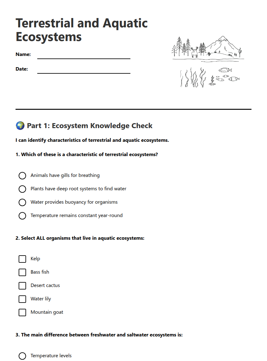 Terrestrial and Aquatic Ecosystems — Free Printable Worksheet for ...
